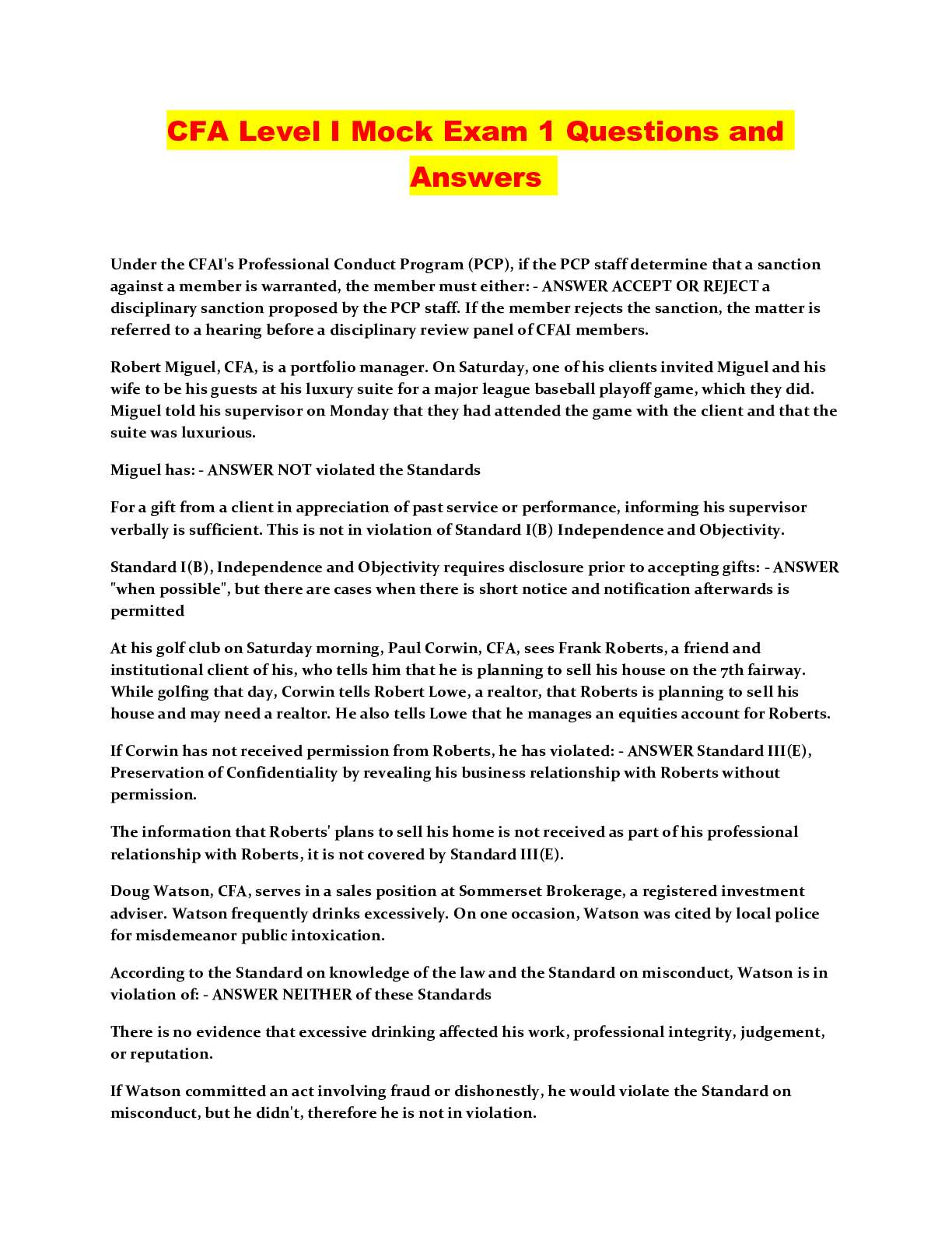 CFA Level I Mock Exam 1 Questions and Answers - Scholarfriends